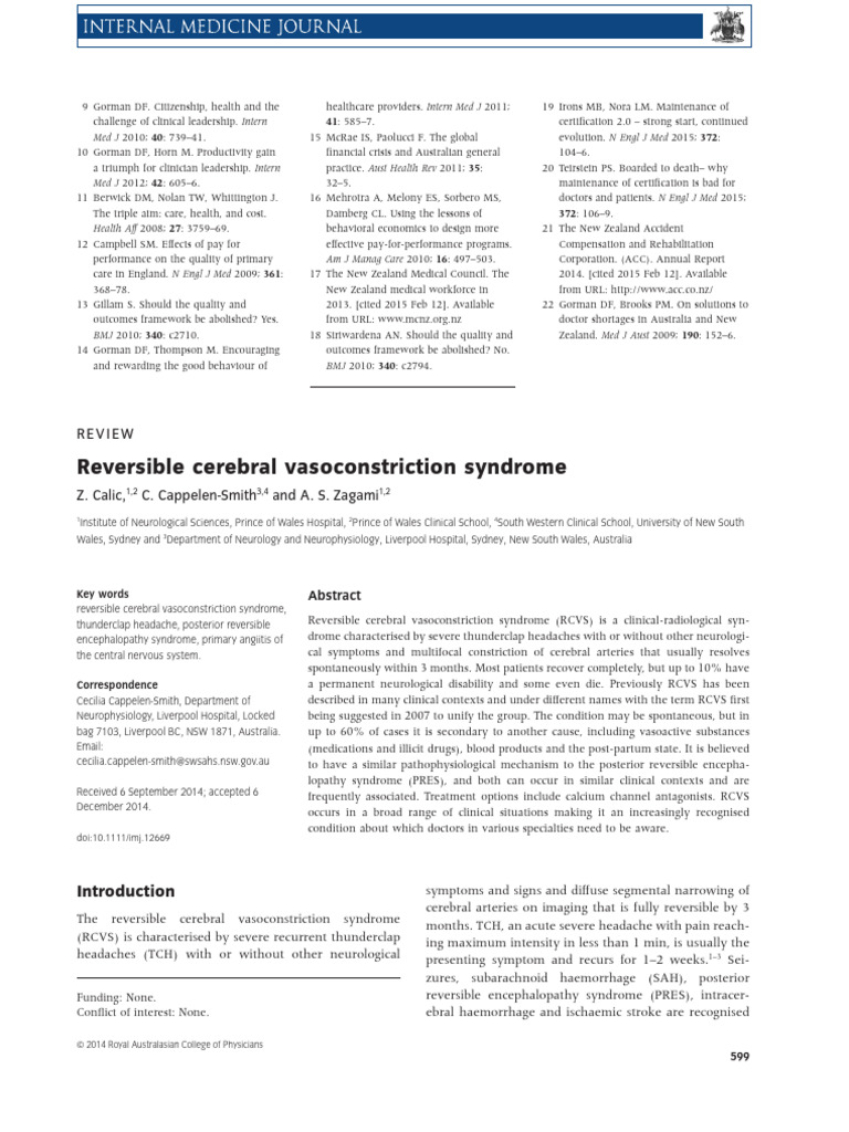 Reversible Cerebral Vasoconstriction Syndrome Annals | PDF