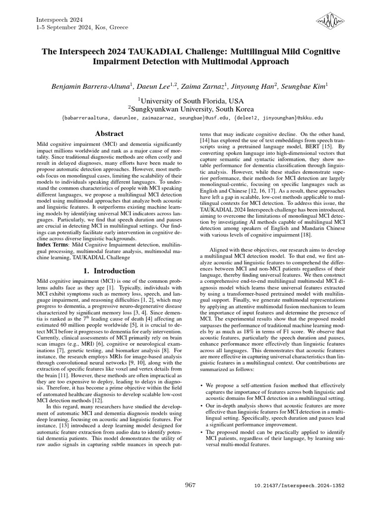 The Interspeech 2024 TAUKADIAL Challenge Multilingual Mild Cognitive Impairment Detection With ...
