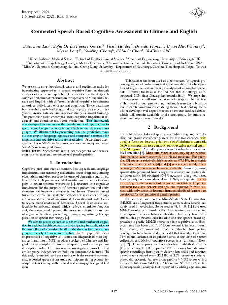 Connected Speech-Based Cognitive Assessment in Chinese and English | PDF