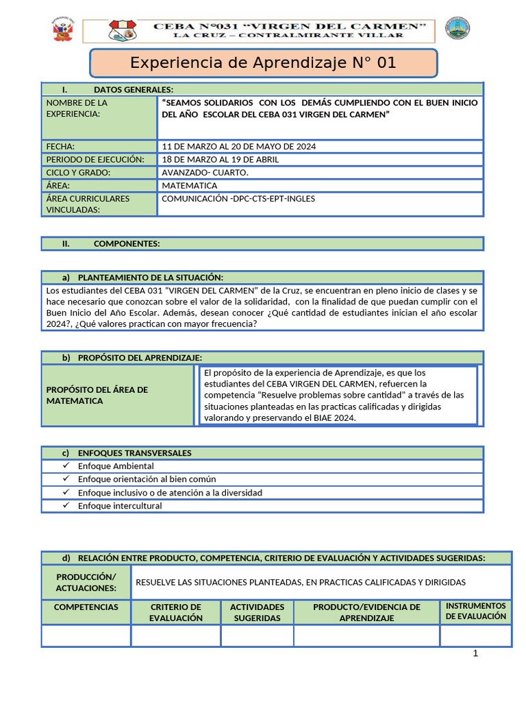 Experiencia de Aprendizaje N°01-2024-Ceba 031-Formato | PDF