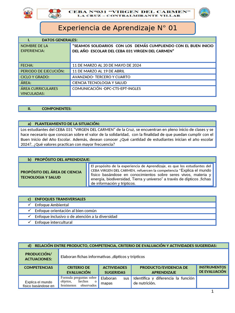 Experiencia de Aprendizaje N°01-2024-Ceba 031-Rafael-3 y 4 Avanzado | PDF