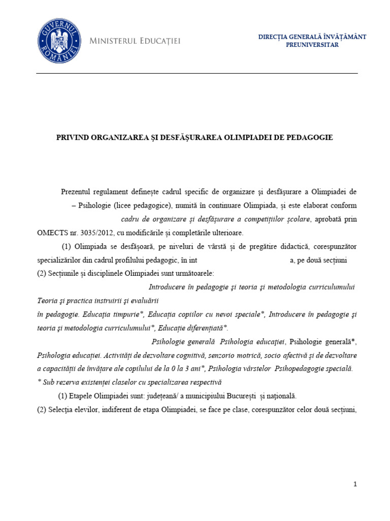 Regulament Specific Olimpiada Pedagogie Psihologie 2022 0 | PDF