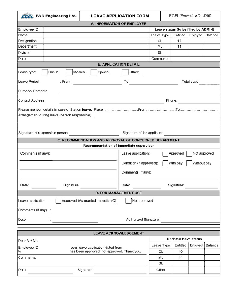 Leave Application Form (EGEL) | PDF