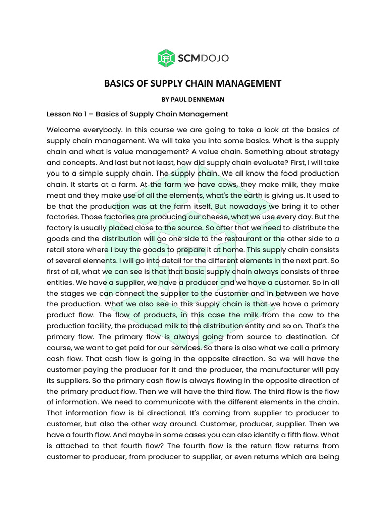 Lesson No 1 Basic Supply Chain Mnagement Basics of SCM Course | PDF