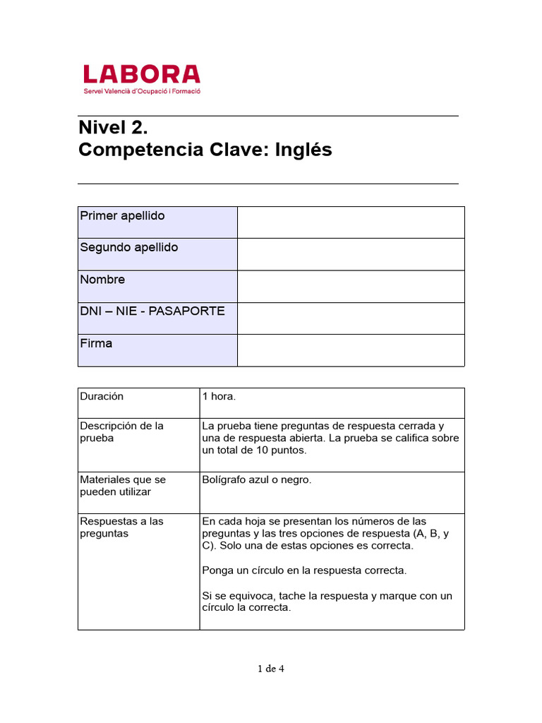 Nivell 2 - Anglés - Prova | PDF