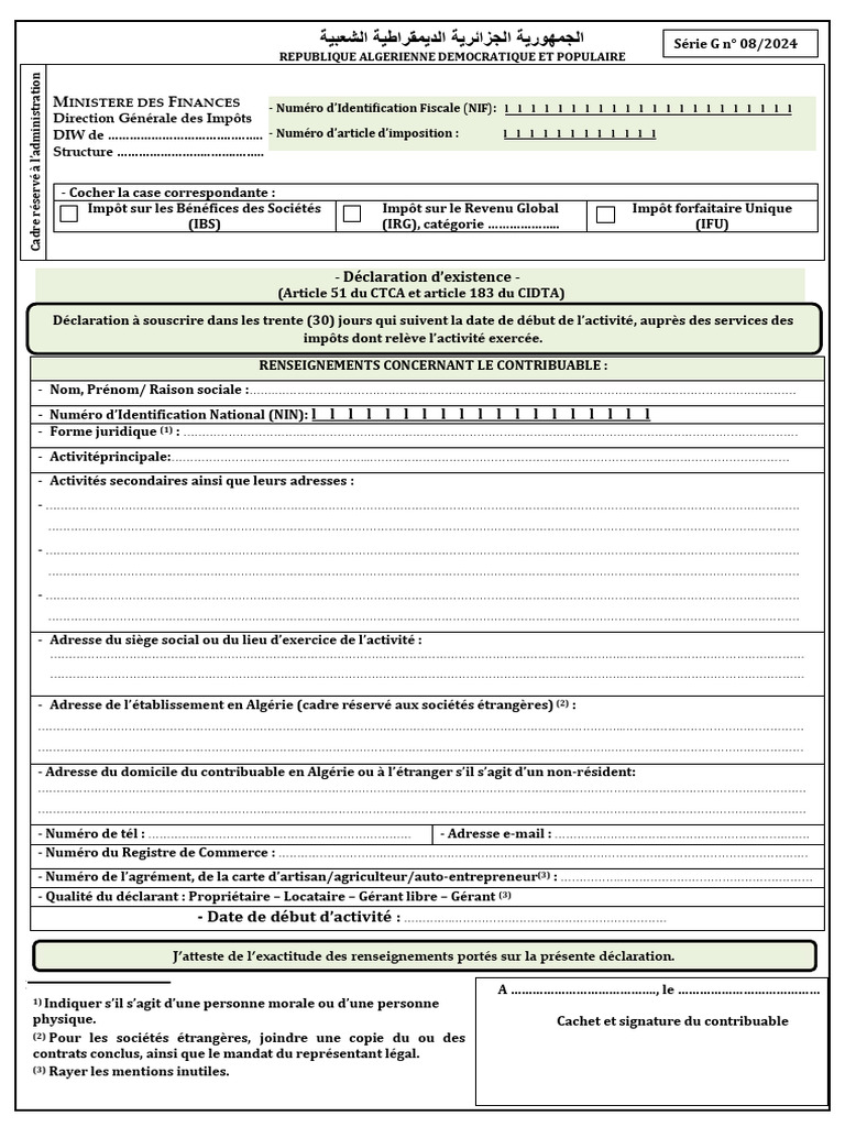 GN °08 Declaration D'existence Impôt | PDF