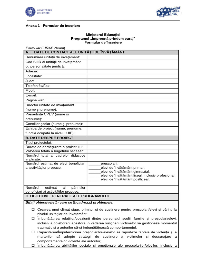 Formular de Inscriere - Impreuna Prindem Curaj | PDF