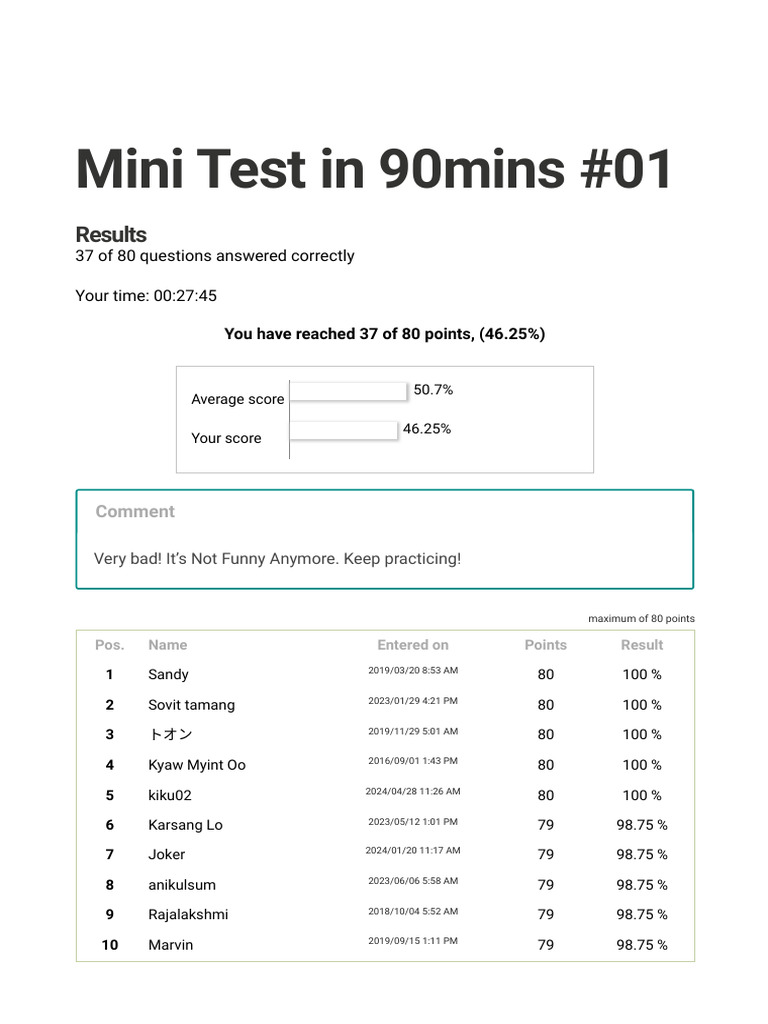 Mini Test in 90mins #01 - Japanese Quizzes | PDF