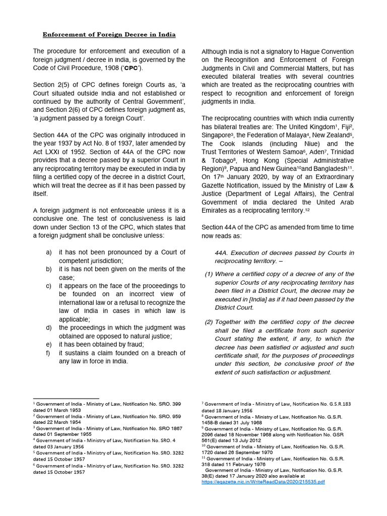 Enforcement of Foreign Decree in India | PDF | Judgment (Law) | Law