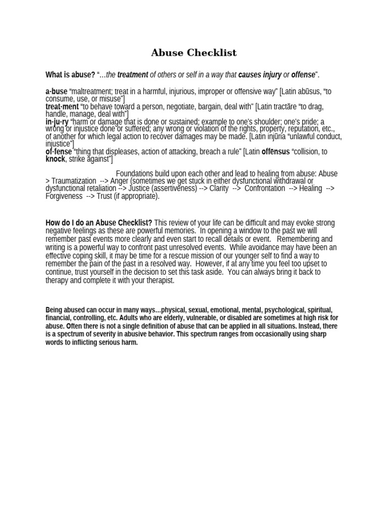 Comprehensive Abuse Checklist | PDF | Child Abuse | Self-Improvement