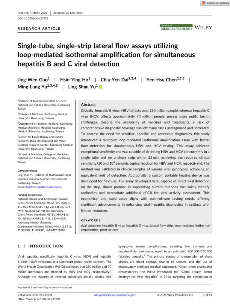 Journal of Medical Virology - 2024 - Guo - Single Tube Single Strip Lateral Flow Assays ...