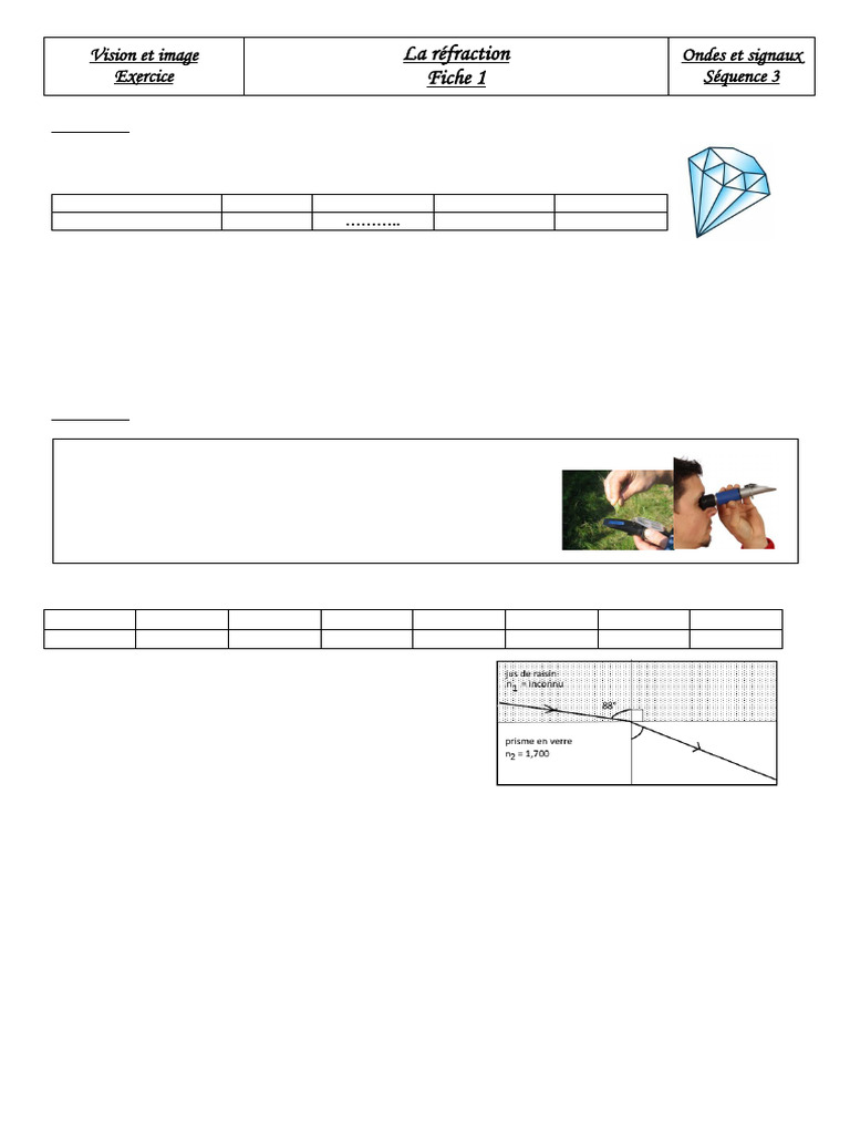 Refraction Exercices Fiche 1 | PDF