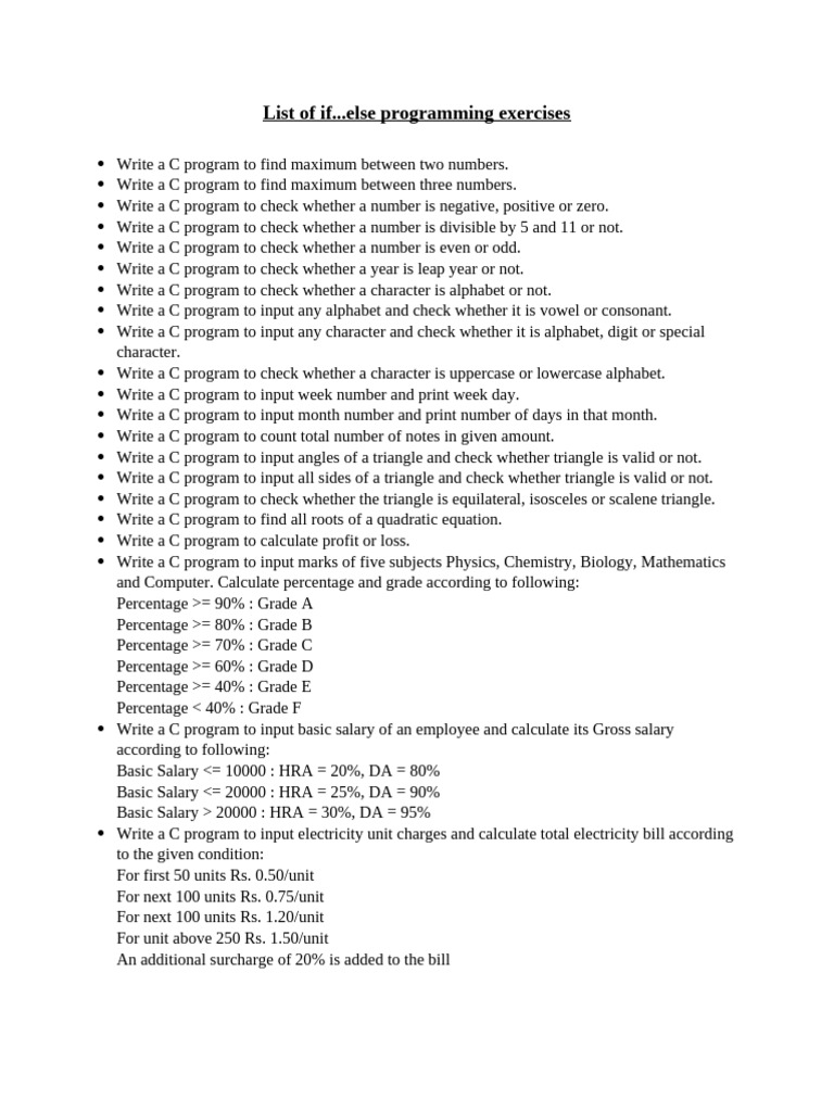 List Of If Else Statement Programs Pdf 