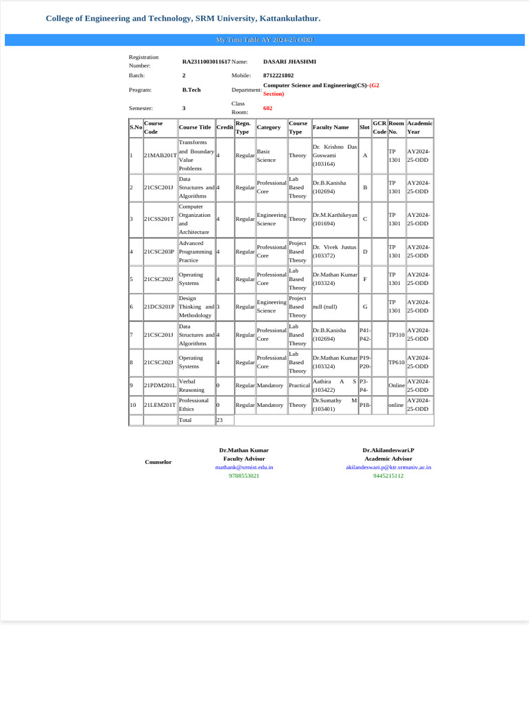 My Time Table 2023-24 | PDF