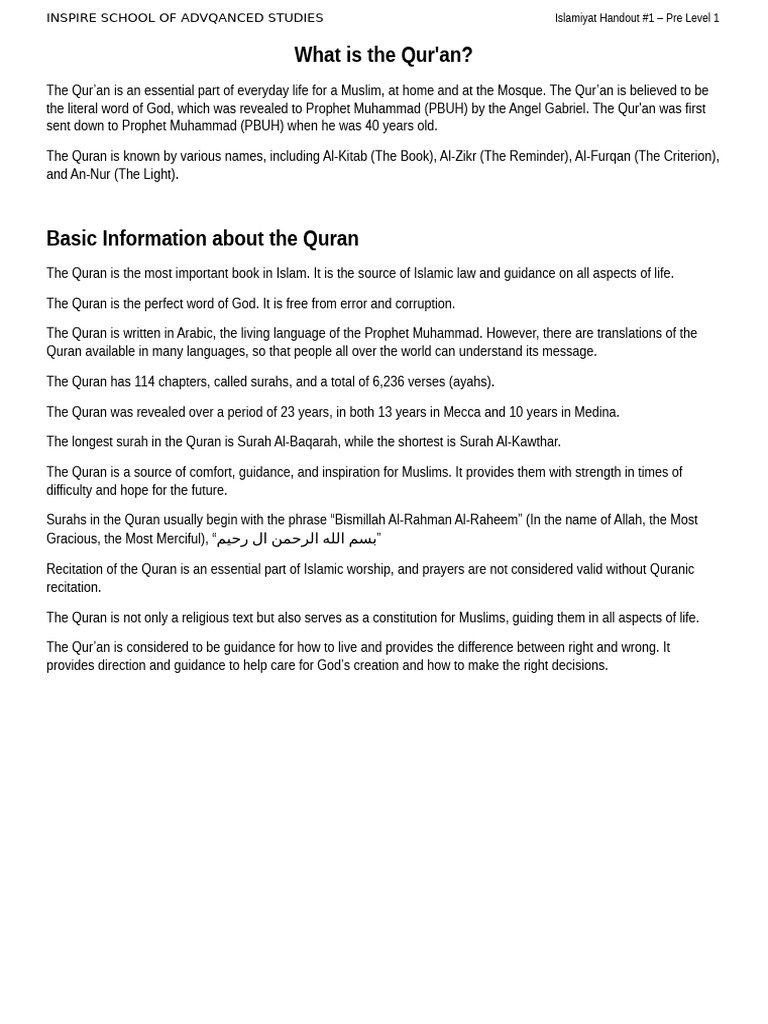 What Is The Quran Handout 1 PDF