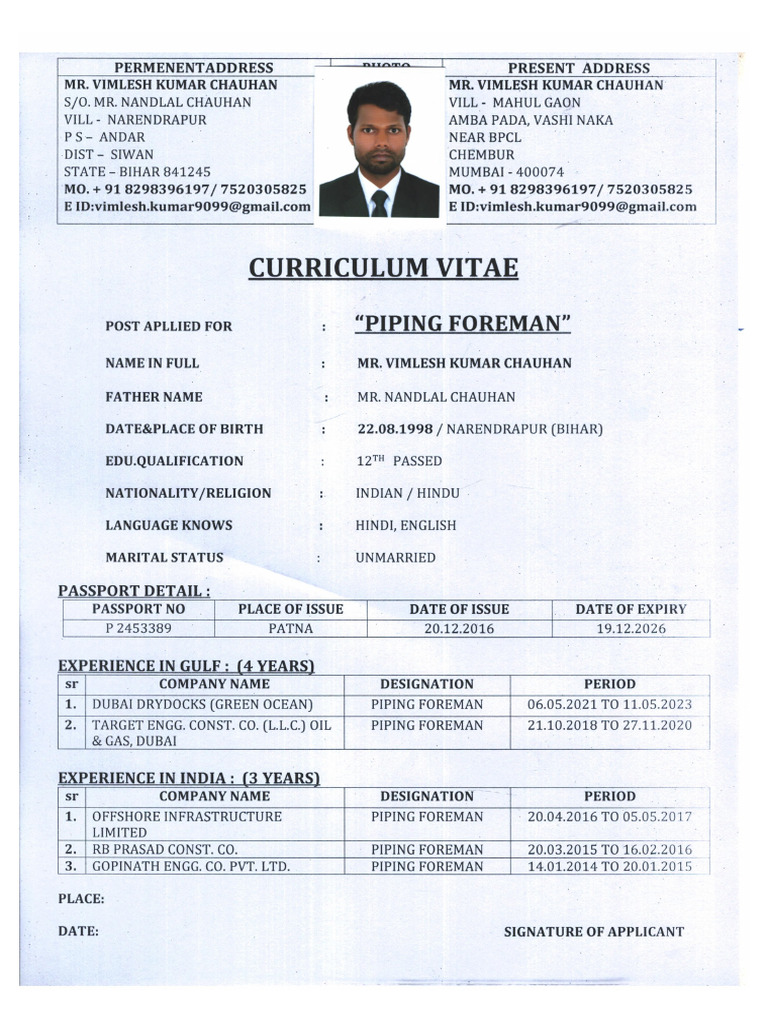 VIMLESH KUMAR Fab Foreman | PDF