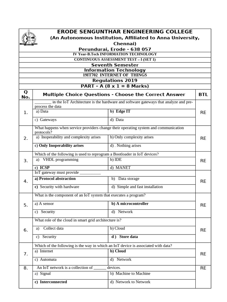 Iot Cat 2 Set 1 Key Answer | PDF