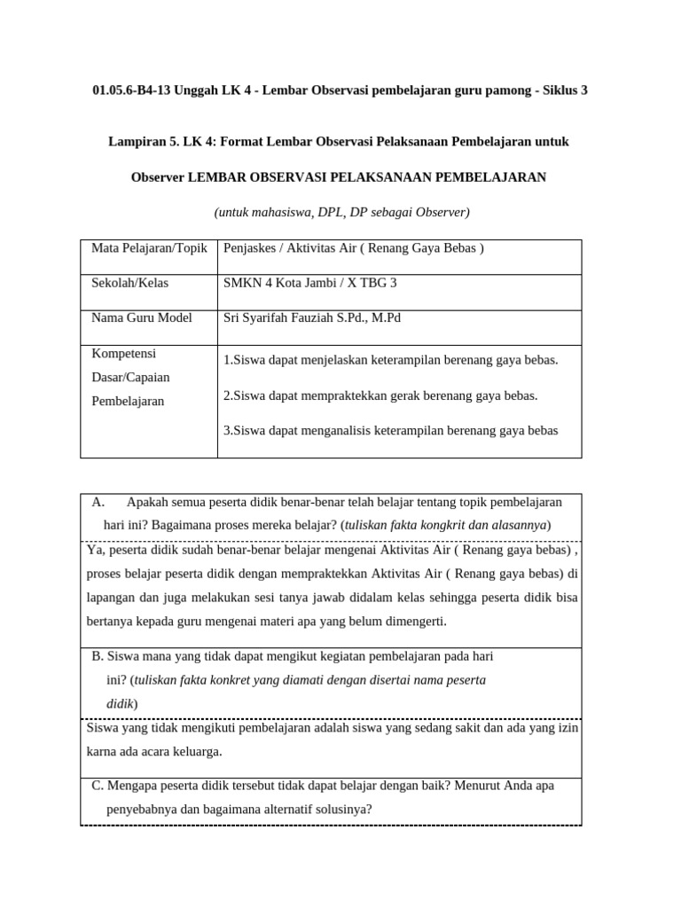 01.05.6-B4-13 Unggah LK 4 - Lembar Observasi Pembelajaran Guru Pamong - Siklus 3 | PDF