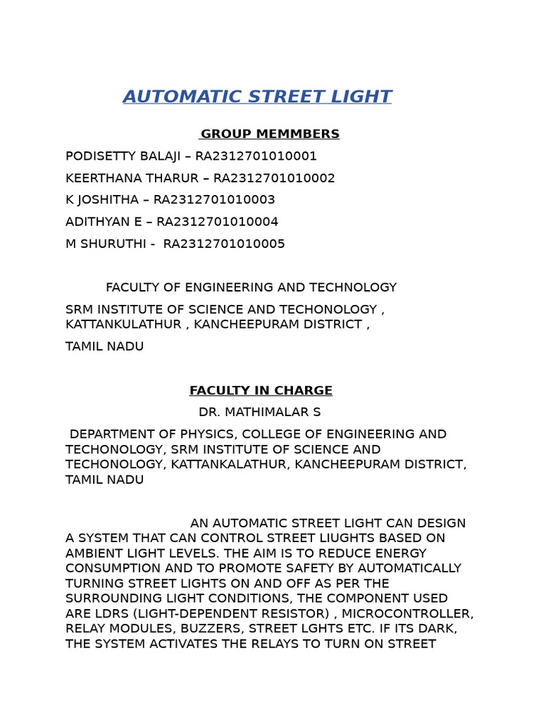Automatic Street Light Physics Mini Project | PDF