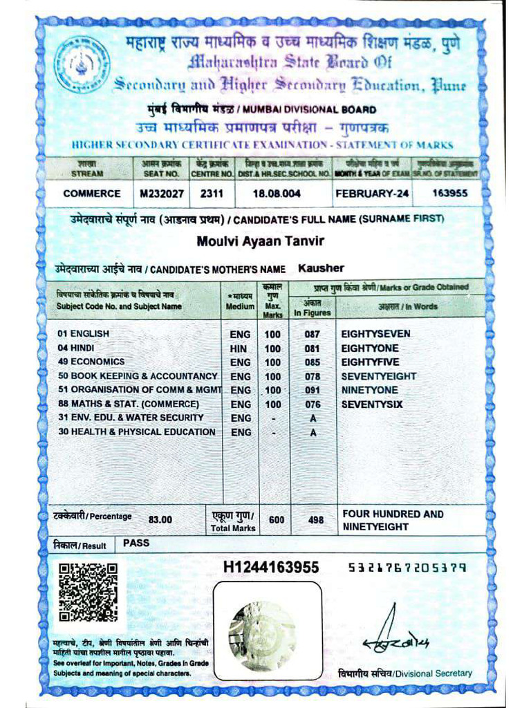 12th Marksheet | PDF