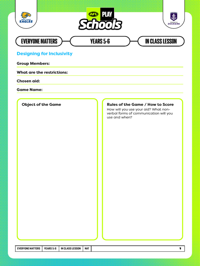 AFL - Everyone - Matters - Worksheet - Inclusive - Game - NAT - NSW ...