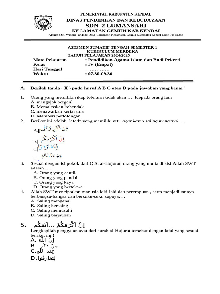 2024 - Soal PTS PAI IKM KLS 4 SMTR 1 | PDF
