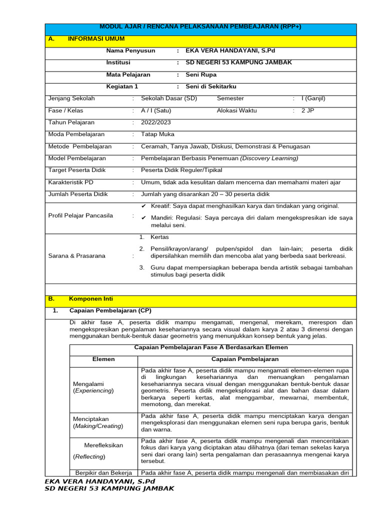 RPP Seni Rupa Kls I Sms 1 | PDF