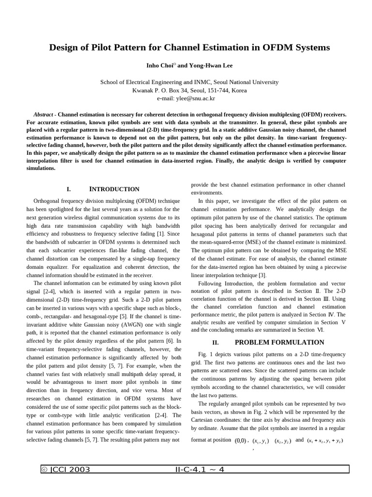 JCCI03 - 최인호 - Design of pilot pattern for channel estimation in OFDM systems | PDF