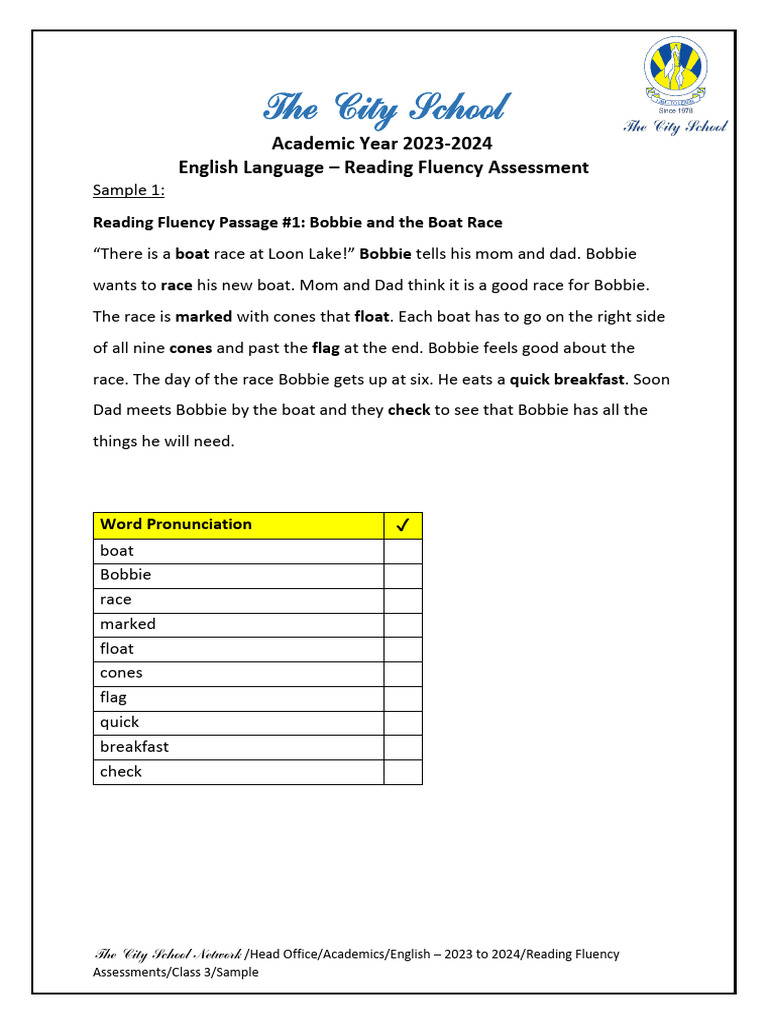 English - Reading Fluency Assessments Sample | PDF