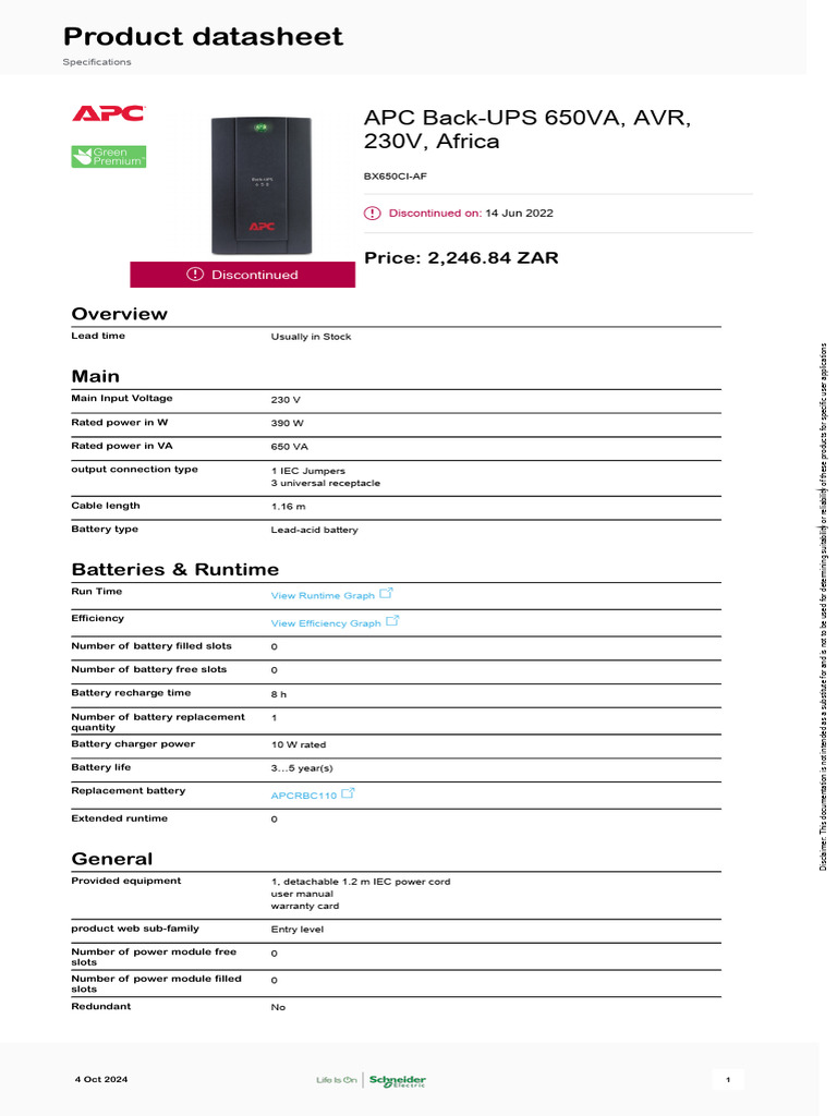 Schneider Electric - BackUPS - BX650CI-AF | PDF