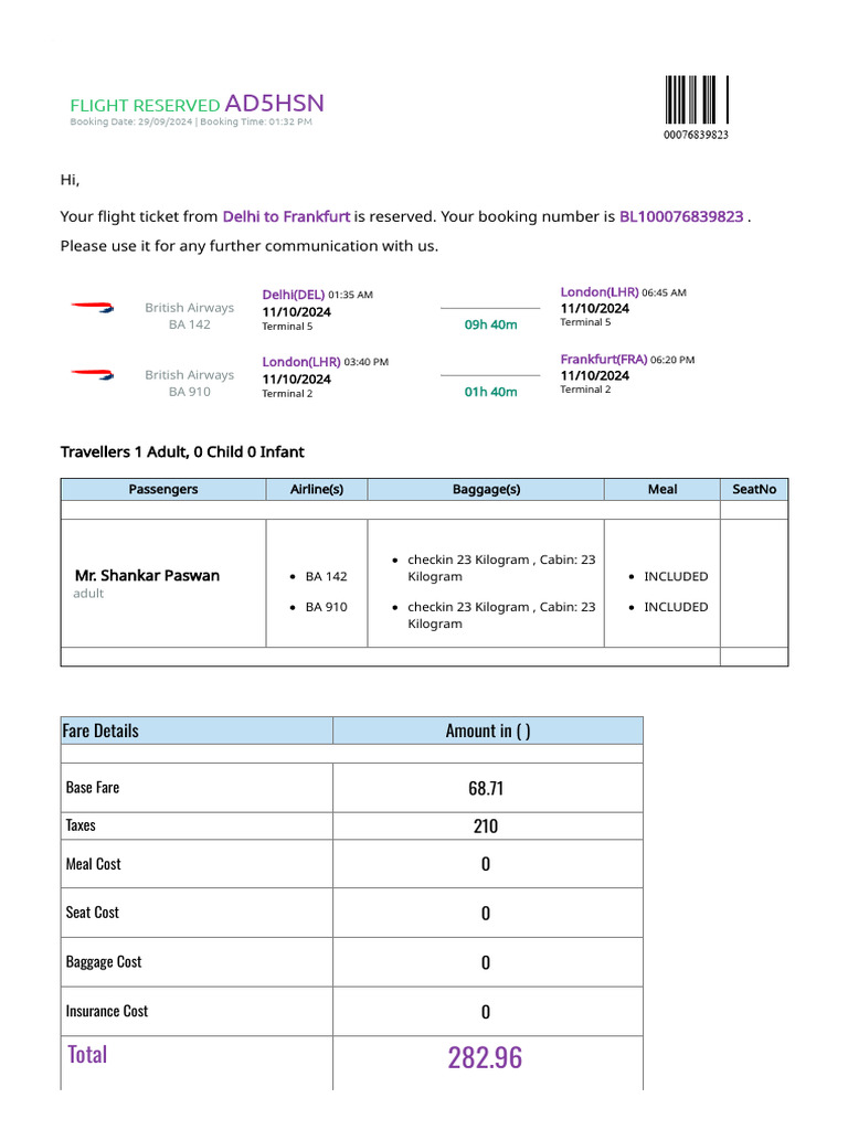 Delhi To Frankfurt - Mr. Shankar Paswan - 100076839823 | PDF | Fee | Travel Visa