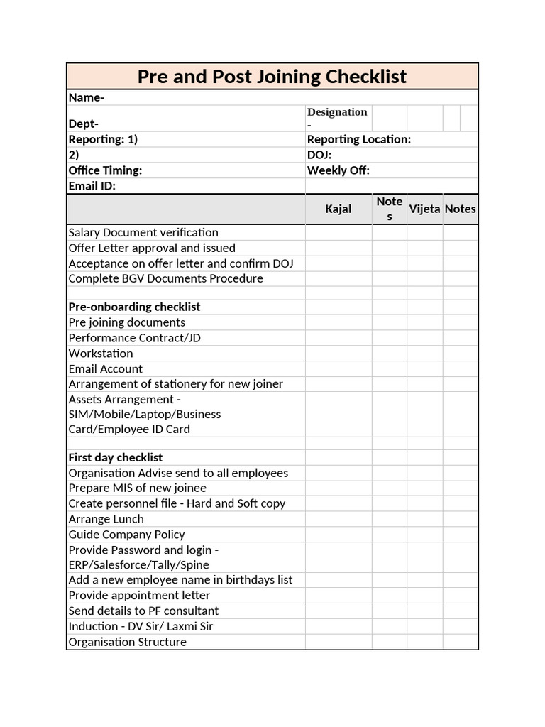 Pre and Post Joining Checklist | PDF