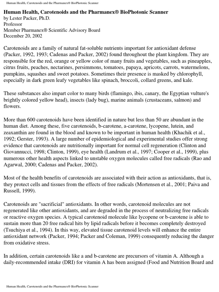 Human Health, Carotenoids and The Pharmanex® Biophotonic Scanner | PDF ...