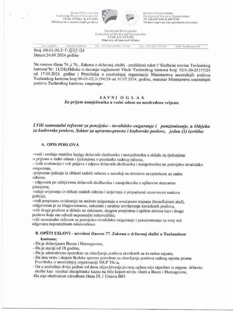 Javni Oglas MUP TK | PDF