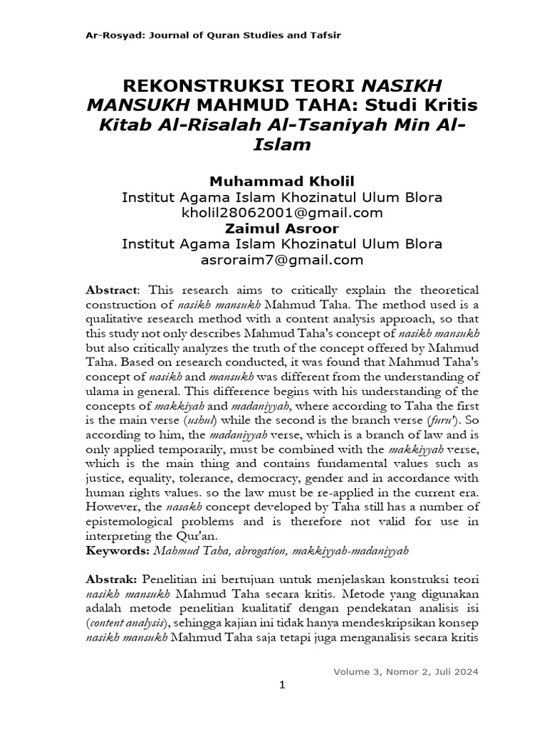Rekonstruksi Teori Nasikh Mansukh Mahmud Taha 1 | PDF