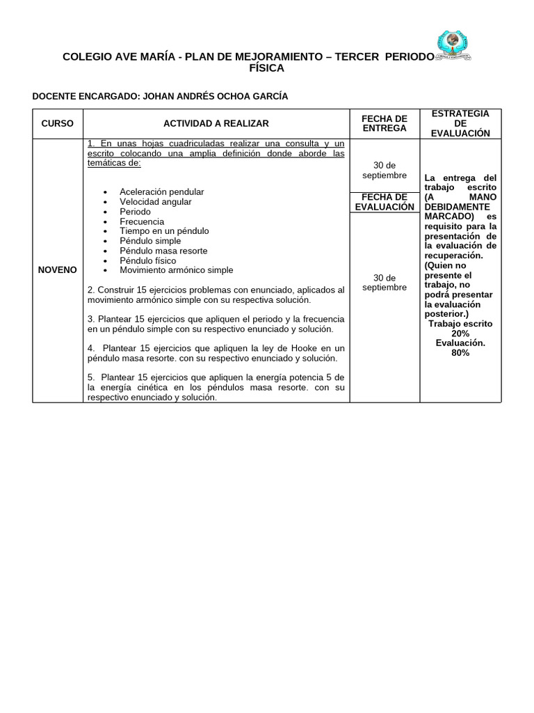 Colegio Ave María - Plan de Mejoramiento - Tercer Periodo Física | PDF ...