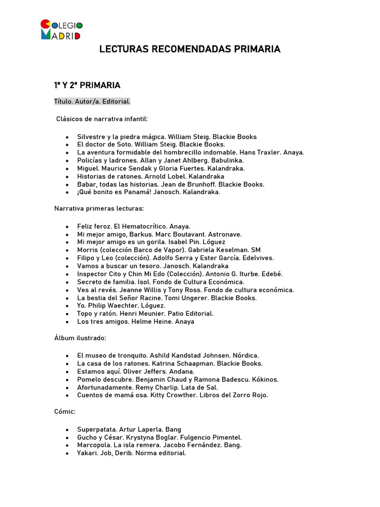 LECTURAS RECOMENDADAS PRIMARIA | PDF