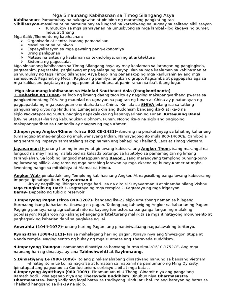 Mga Sinaunang Kabihasnan Sa Timog Silangang Asya | PDF