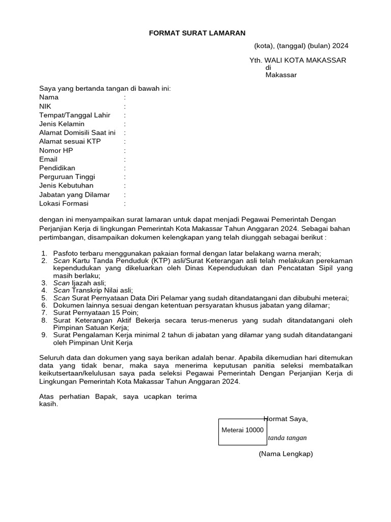 Format Surat Lamaran PPPK Makassar 2024 | PDF