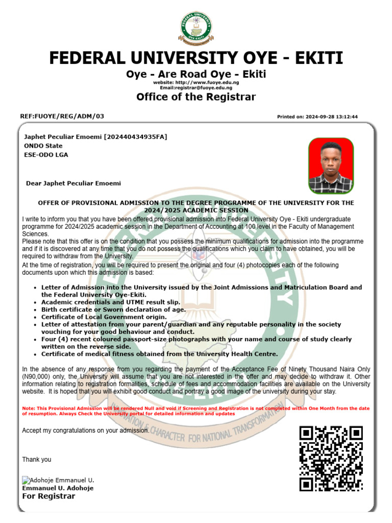 Admission Letter For Japhet Peculiar Emoemi - Federal University Oye - Ekitir | PDF