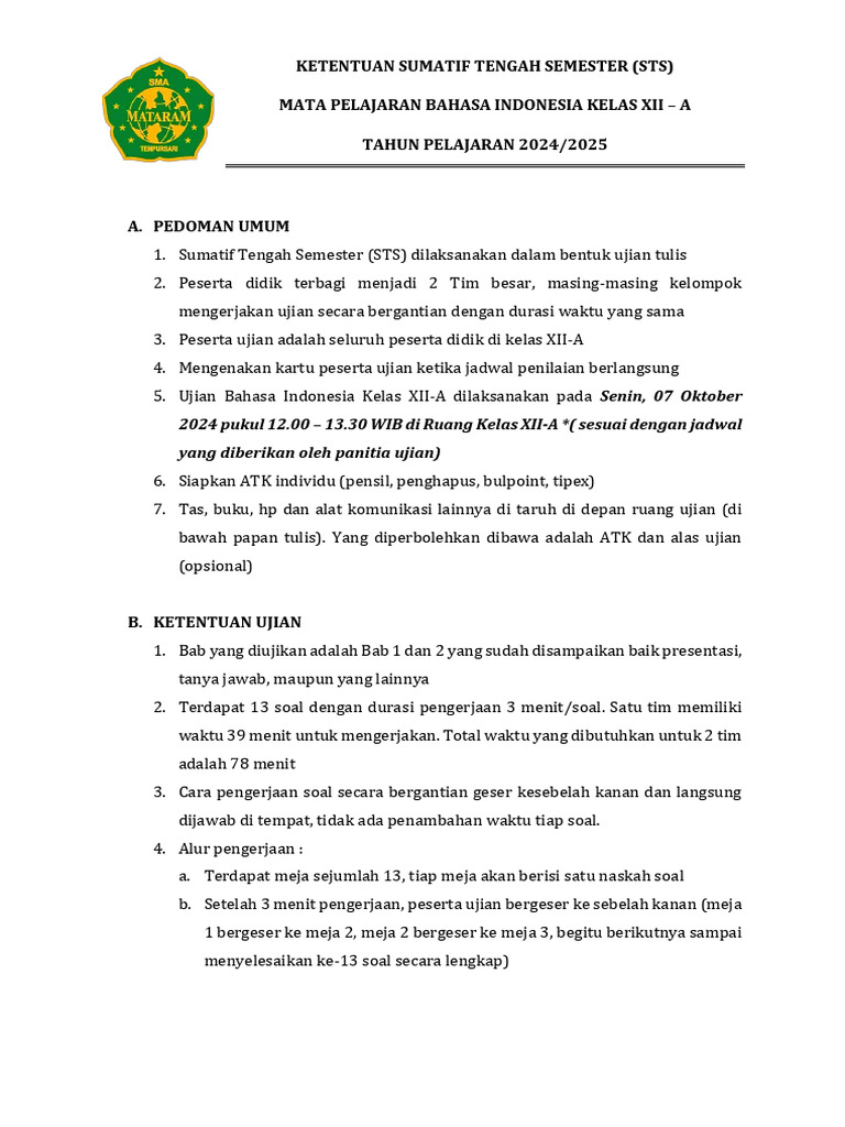 Ketentuan STS Bindo Kelas Xii-A | PDF
