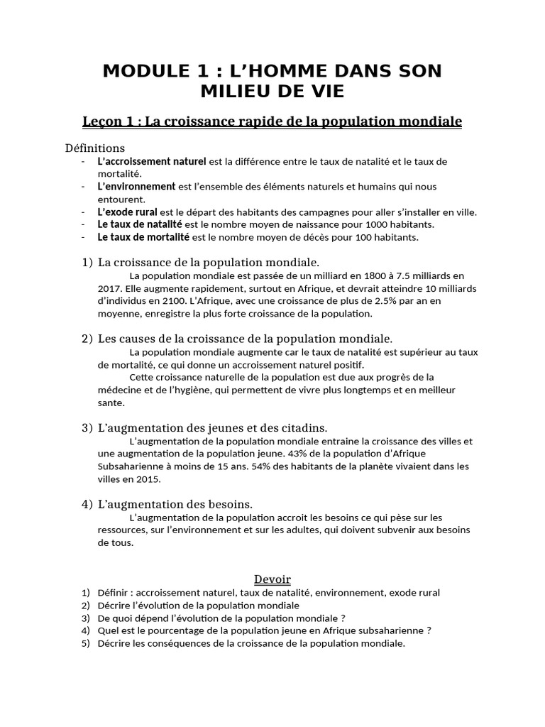 Lecon 1 La Croissance De La Population Mondiale 1 Pdf