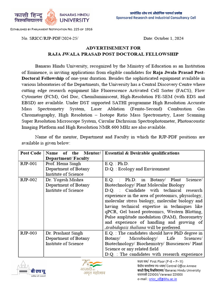 Advertisement - RJP-PDF - IoE - BHU | PDF | Botany | Biotechnology