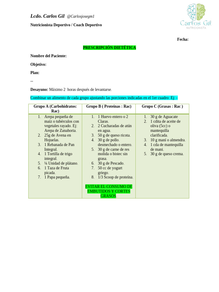 Plan de Alimentacion | PDF | Alimentos | Cocina, comidas y vino