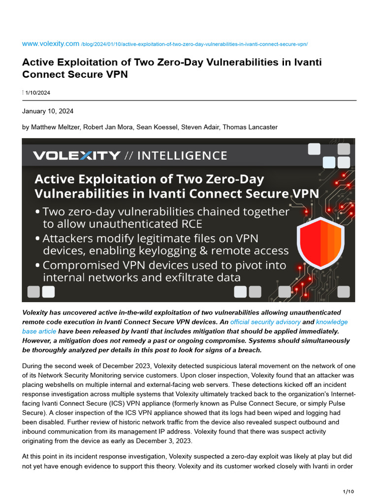Active Exploitation of Two Zero-Day Vulnerabilities in Ivanti Connect Secure VPN | PDF | World ...