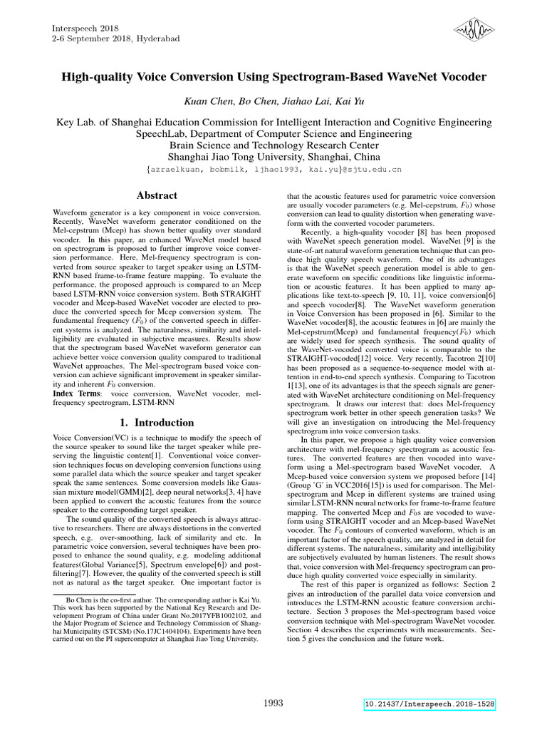 High-Quality Voice Conversion Using Spectrogram-Based Wavenet Vocoder | PDF