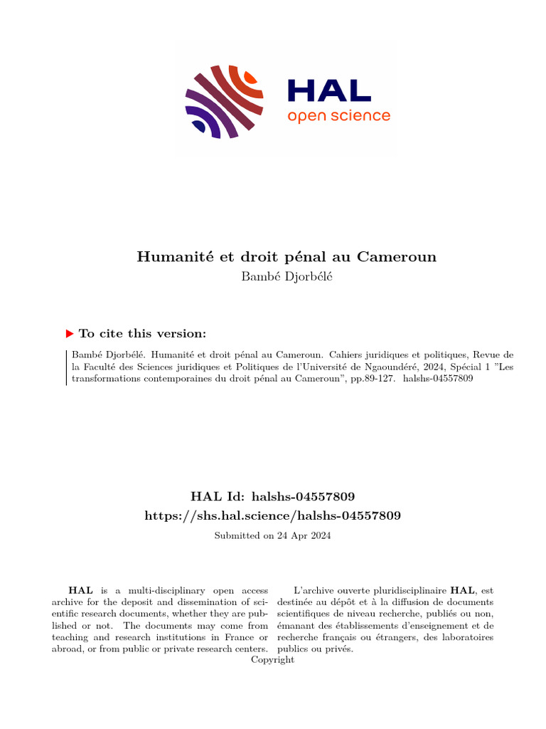 BAMBE, Humanité Et Droit Pénal Au Cameroun | PDF