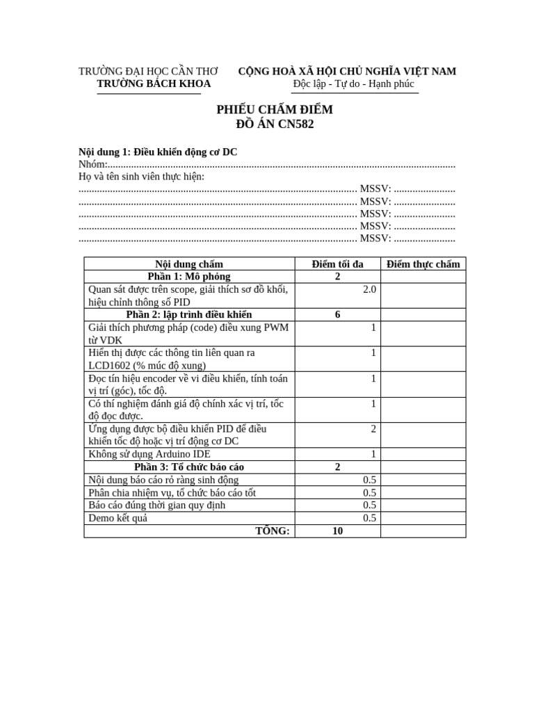 1.new - Mau Phieu Cham Diem Do An DC Motor - hk1 - 2425 | PDF