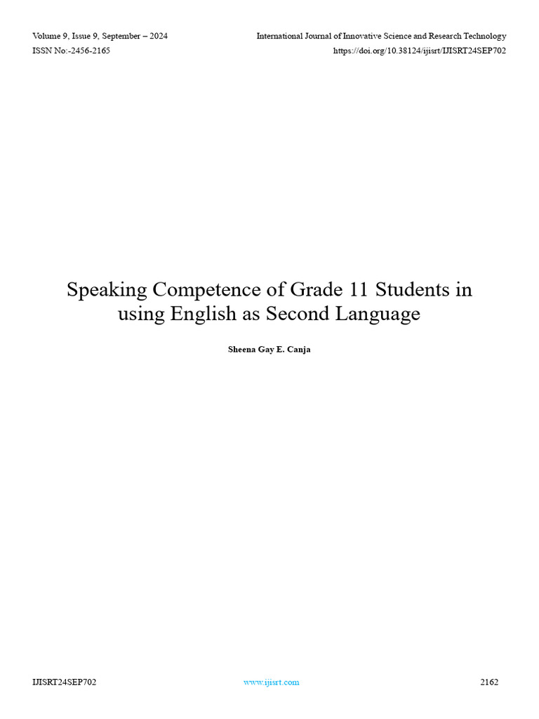 Speaking Competence of Grade 11 Students in Using English As Second Language | PDF | Second ...