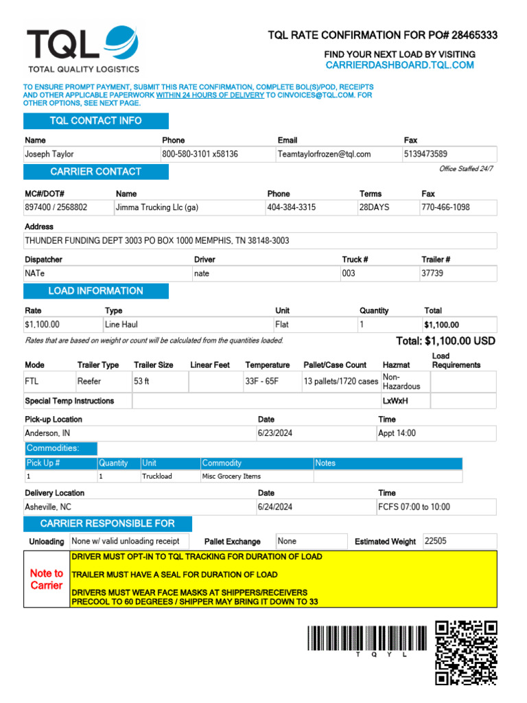 Carrier Rate Confirmation | PDF